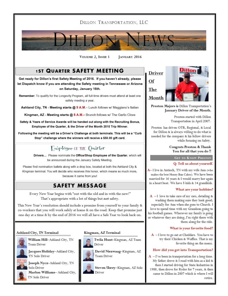 Dillon News January 2016 - Dillon Transportation LLC