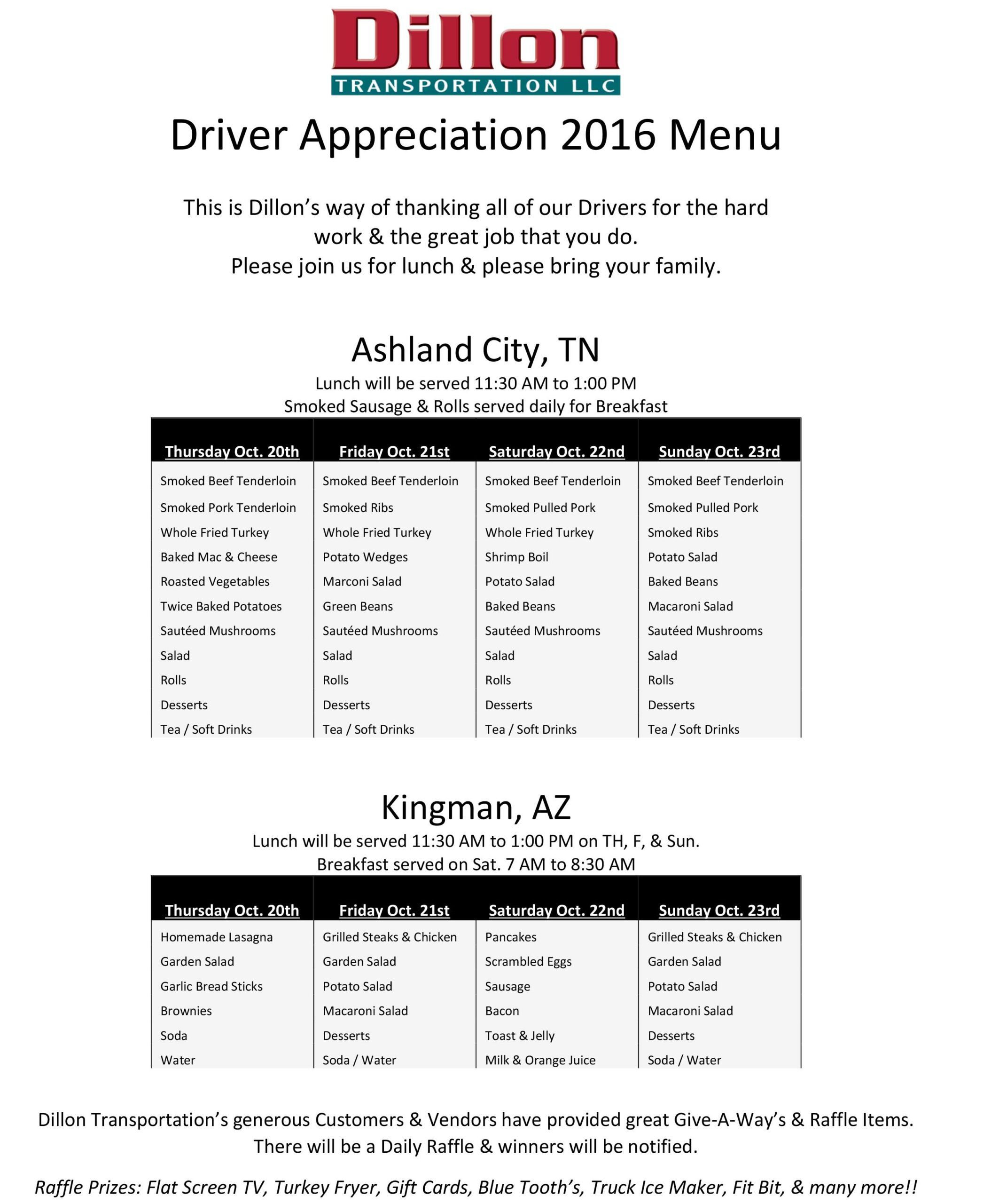 Driver Appreciation 2016 Menu - Dillon Transportation LLC